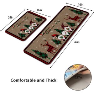 Subently Christmas Kitchen Mats Anti Fatigue Set of 2 Deco Gnome Kitchen Runner Floor Mats Non-Slip Area Carpets Christmas Tree Deer Kitchen Runner Set Country Farmhouse Washable Doorway Sink Bathroom