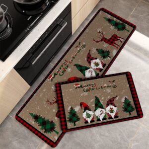 Subently Christmas Kitchen Mats Anti Fatigue Set of 2 Deco Gnome Kitchen Runner Floor Mats Non-Slip Area Carpets Christmas Tree Deer Kitchen Runner Set Country Farmhouse Washable Doorway Sink Bathroom