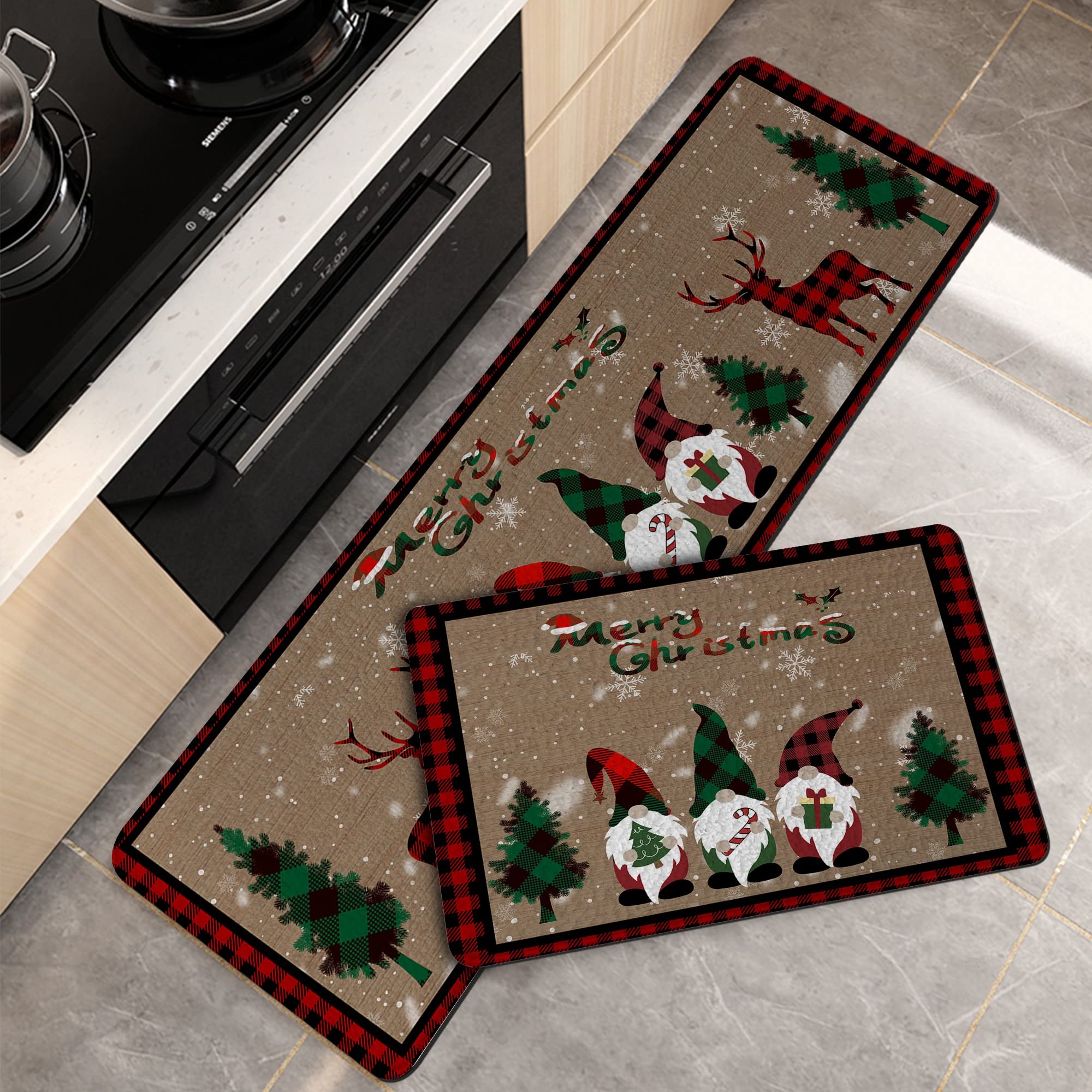 Subently Christmas Kitchen Mats Anti Fatigue Set of 2 Deco Gnome Kitchen Runner Floor Mats Non-Slip Area Carpets Christmas Tree Deer Kitchen Runner Set Country Farmhouse Washable Doorway Sink Bathroom