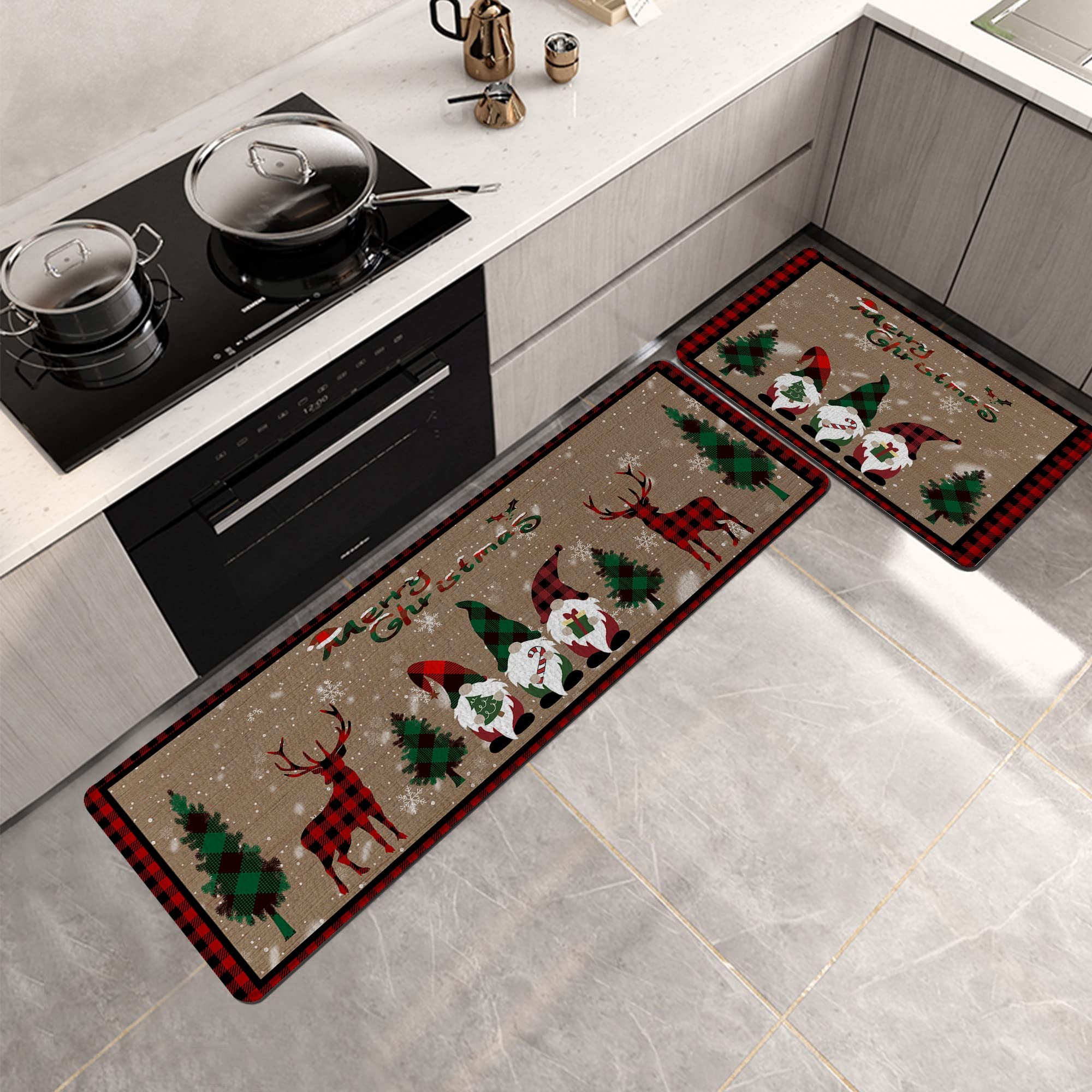 Subently Christmas Kitchen Mats Anti Fatigue Set of 2 Deco Gnome Kitchen Runner Floor Mats Non-Slip Area Carpets Christmas Tree Deer Kitchen Runner Set Country Farmhouse Washable Doorway Sink Bathroom