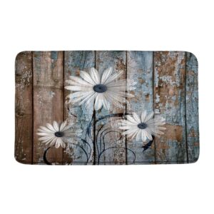 rustic farmhouse floral bath mat farm white daisy flower butterfly country blue brown wooden board vintage western microfiber memory foam bathroom rug