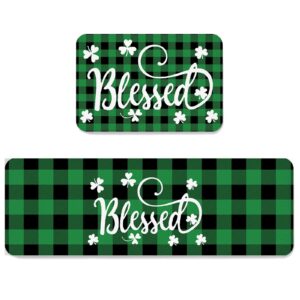 2 pcs st patricks day kitchen rug set, non-slip kitchen mats and rugs comfort floor door mat doormat, irish spring shamrock saint black green buffalo plaid throw bath runner rug mat extra long