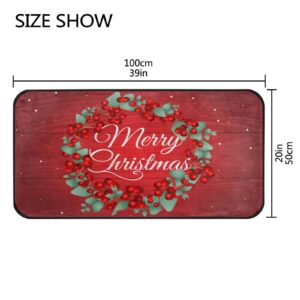 Christmas Kitchen Rugs, Merry Christmas Wreath Red Doormat Bath Rugs Mat Non Slip Area Rugs for Bathroom Kitchen Indoor 39" X 20"