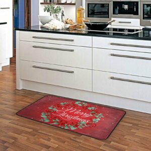 Christmas Kitchen Rugs, Merry Christmas Wreath Red Doormat Bath Rugs Mat Non Slip Area Rugs for Bathroom Kitchen Indoor 39" X 20"