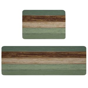 2 pcs cushioned antifatigue kitchen mats and rugs,teal turquoise absorbent floor bath door mat non-slip doormat accent runner carpet washable comfort standing mat rustic wood grain vintage sage green