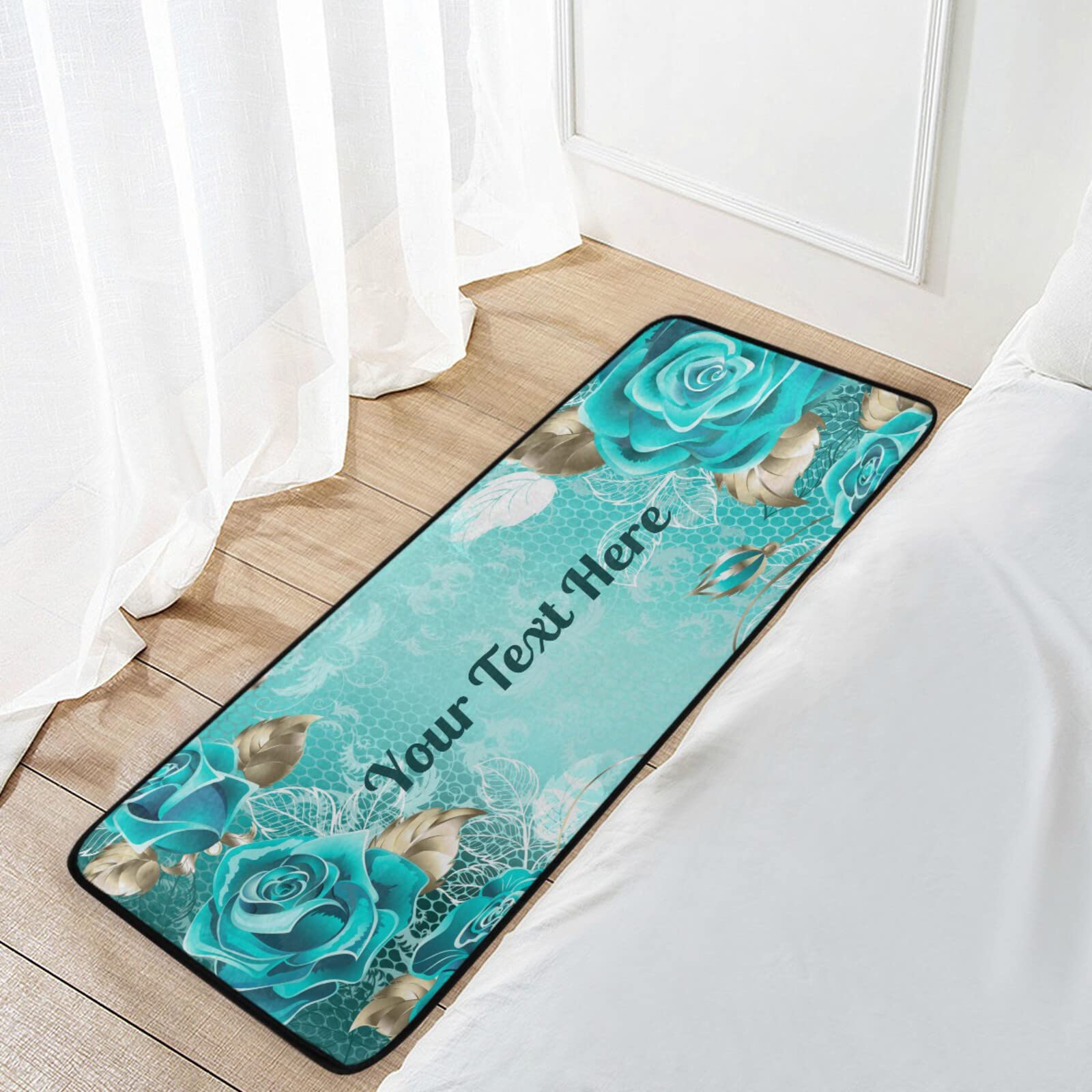 Sinestour Costom Teal Rose Turquoise Kitchen Rugs Non Slip Kitchen Mats for Home Decor, Washable, 39 x 20 Inch