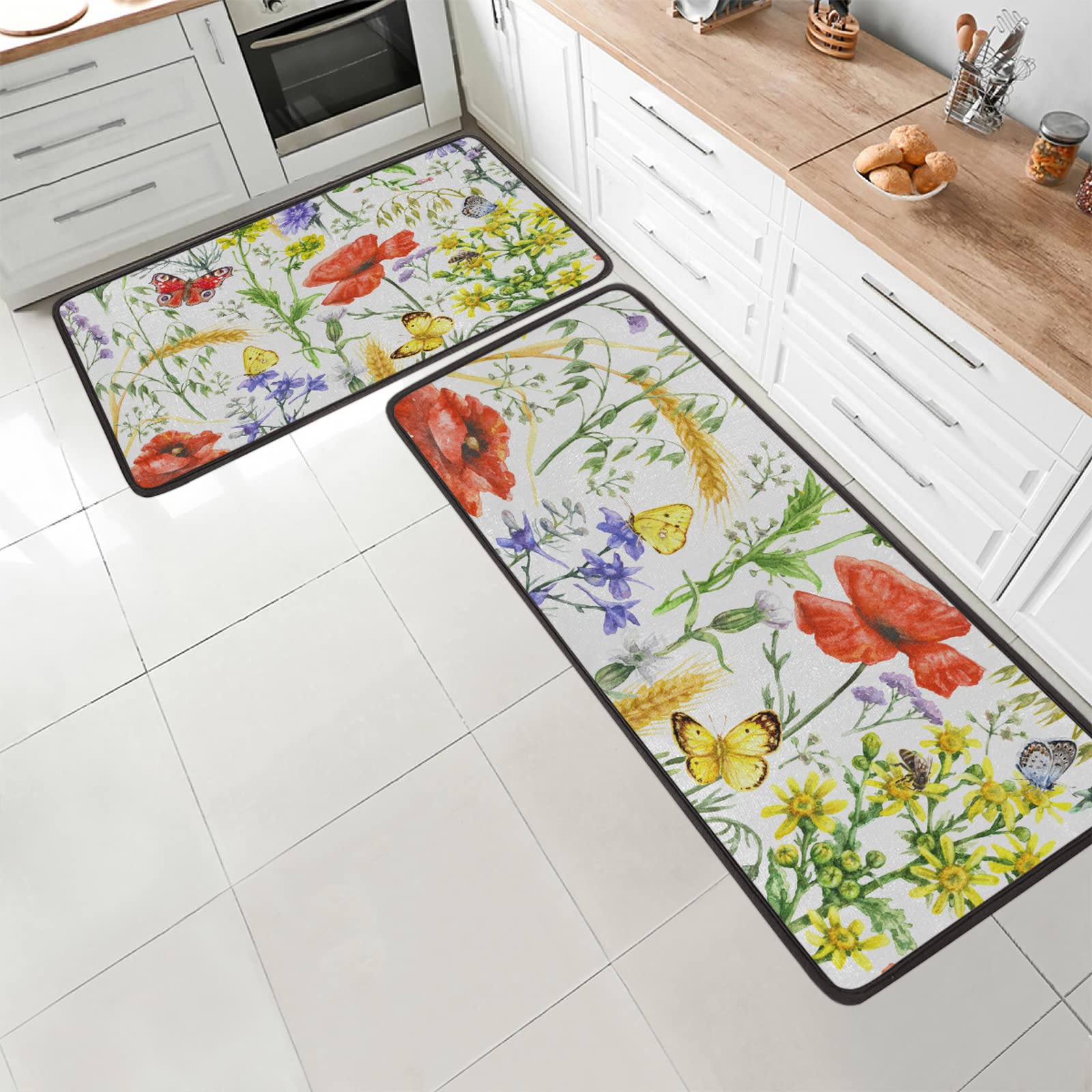 AUUXVA Spring Poppy Flower Butterfly Kitchen Mats Cushioned Anti Fatigue 2 pcs Set, Memory Foam Kitchen Rugs, Non Slip Washable Area Rug for Floor Sweet Home Decor, 17"x29"+17"x47"