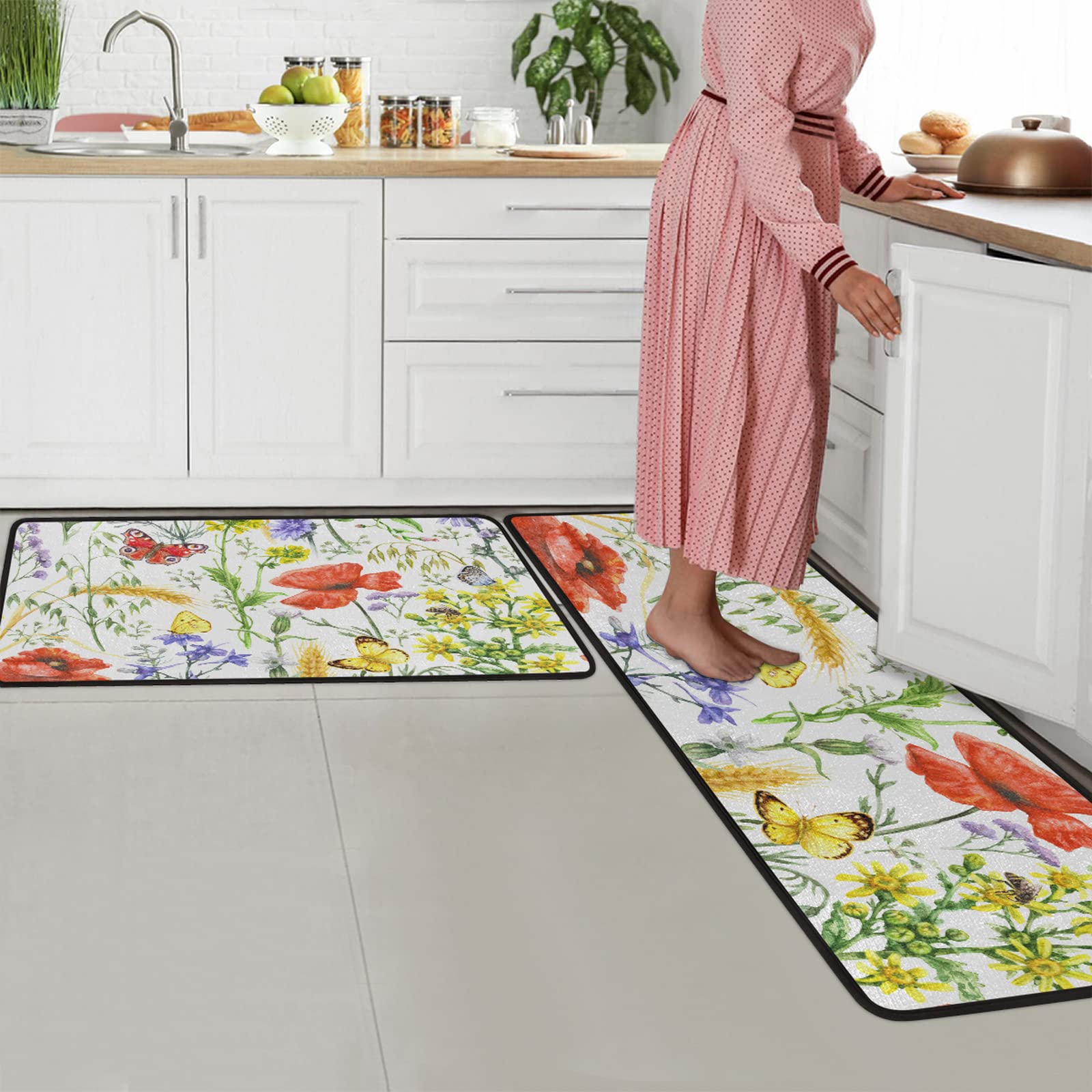 AUUXVA Spring Poppy Flower Butterfly Kitchen Mats Cushioned Anti Fatigue 2 pcs Set, Memory Foam Kitchen Rugs, Non Slip Washable Area Rug for Floor Sweet Home Decor, 17"x29"+17"x47"