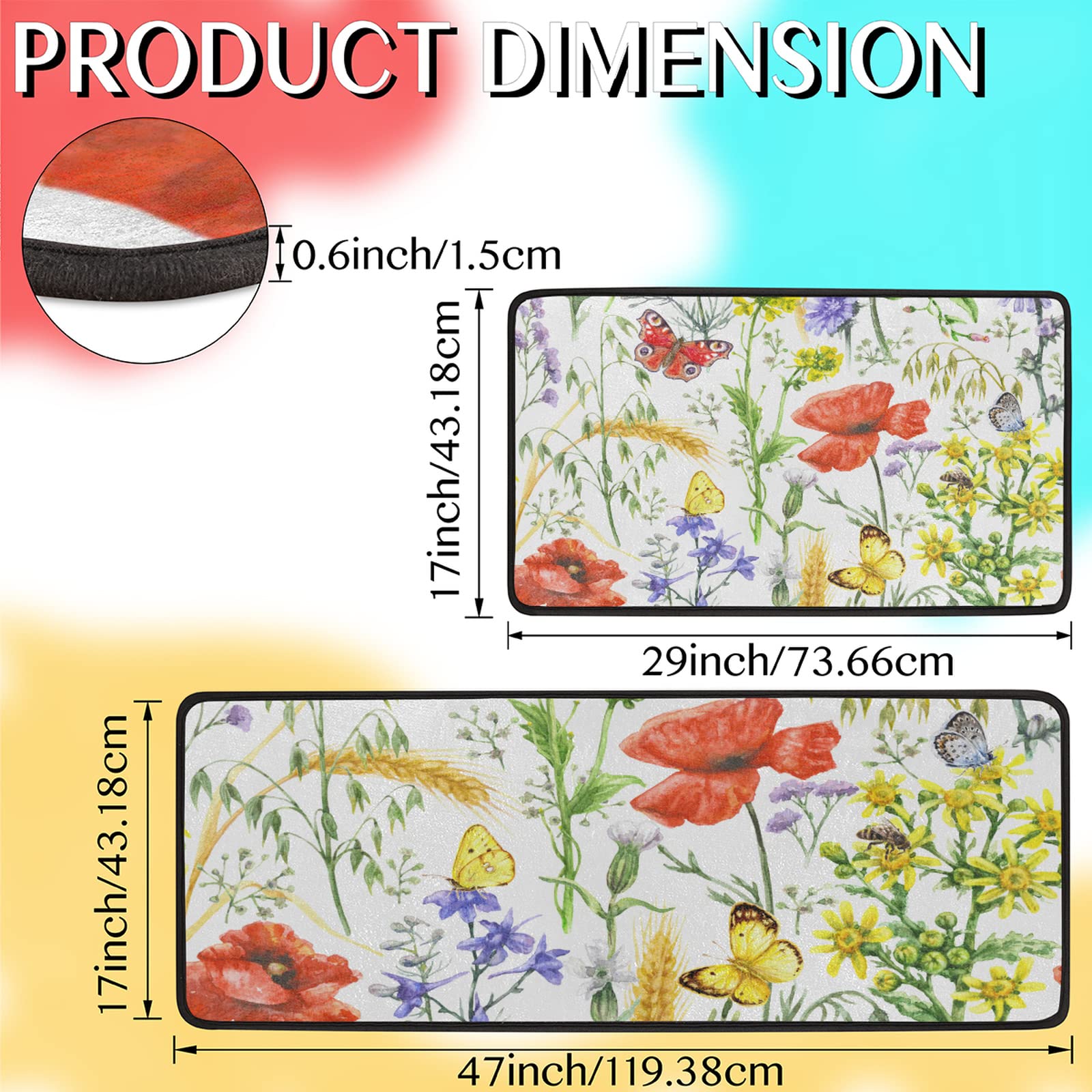 AUUXVA Spring Poppy Flower Butterfly Kitchen Mats Cushioned Anti Fatigue 2 pcs Set, Memory Foam Kitchen Rugs, Non Slip Washable Area Rug for Floor Sweet Home Decor, 17"x29"+17"x47"