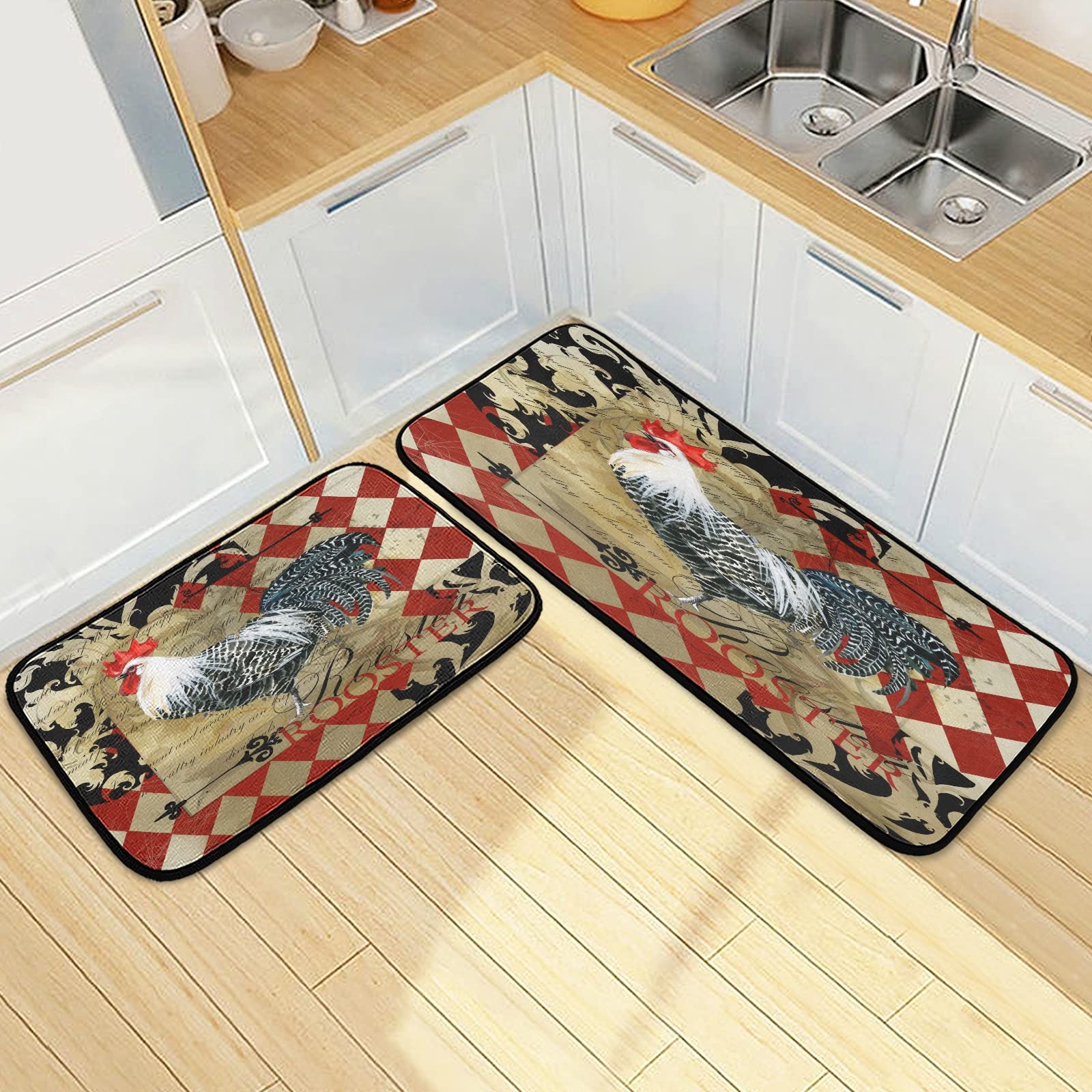 Washable Kitchen Rugs Set 2 Piece Rooster Vintage Domestic Farm Birds Anti Fatigue Floor Mats Bathroom Carpet