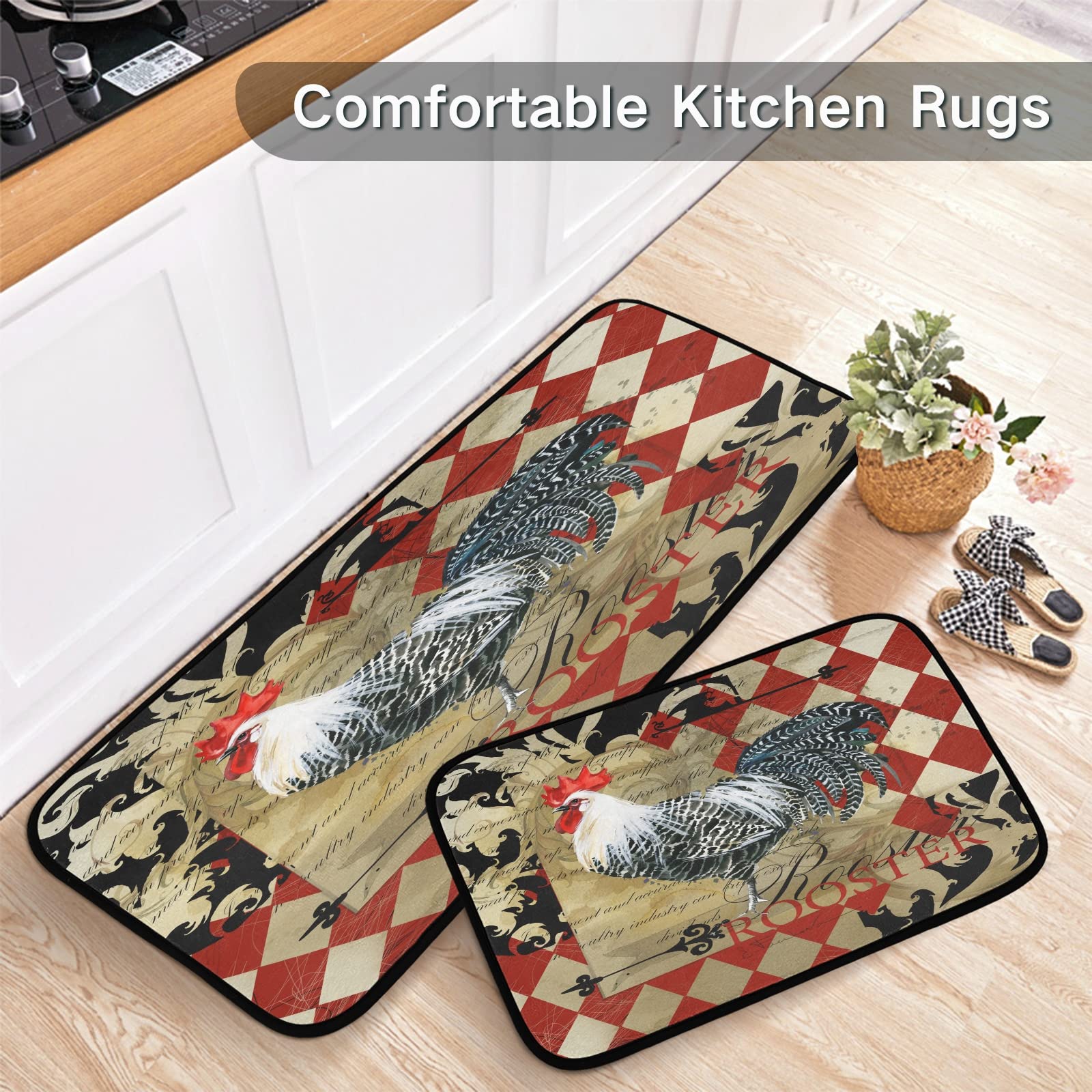 Washable Kitchen Rugs Set 2 Piece Rooster Vintage Domestic Farm Birds Anti Fatigue Floor Mats Bathroom Carpet