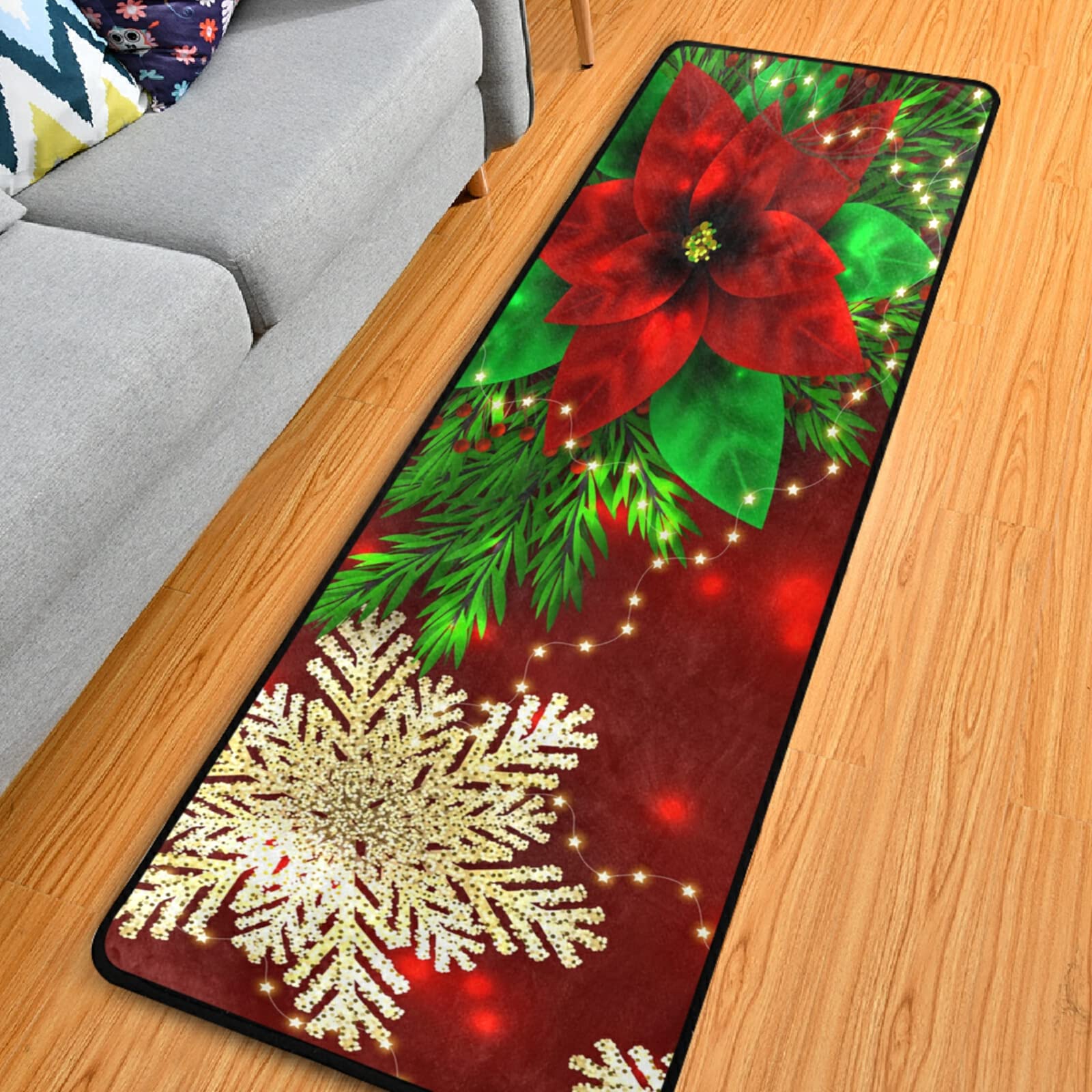 SUABO Christmas Doormats, Snowflakes Non-Slip Kitchen Floor Mat Christmas Bath Rug Runner Floor Rugs for Home Decor, 24x72 Inches