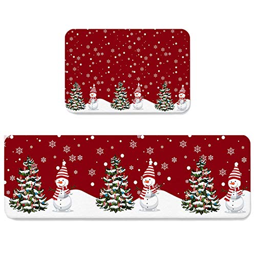 Briskdecor Christmas Kitchen Rugs and Mats Set Set of 2 Snowflakes Christmas Tree Snowman Red Floor Comfort Mats Red&green