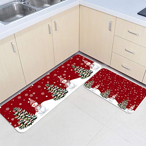 Briskdecor Christmas Kitchen Rugs and Mats Set Set of 2 Snowflakes Christmas Tree Snowman Red Floor Comfort Mats Red&green