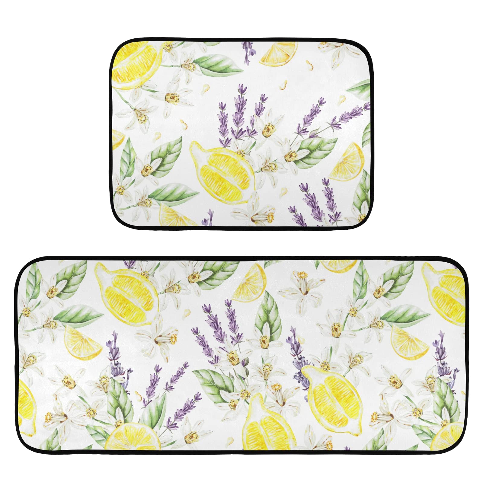 Lemon Fruits Flowers Lavender Kitchen Mat Set of 2 Anti-Fatigue Kitchen Rug Set Washable Foam Cushioned Non Slip Kitchen Runner Rugs and Mats Comfort Standing Mat for Floor Home Decor Doormat