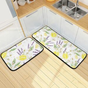 Lemon Fruits Flowers Lavender Kitchen Mat Set of 2 Anti-Fatigue Kitchen Rug Set Washable Foam Cushioned Non Slip Kitchen Runner Rugs and Mats Comfort Standing Mat for Floor Home Decor Doormat