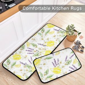 Lemon Fruits Flowers Lavender Kitchen Mat Set of 2 Anti-Fatigue Kitchen Rug Set Washable Foam Cushioned Non Slip Kitchen Runner Rugs and Mats Comfort Standing Mat for Floor Home Decor Doormat