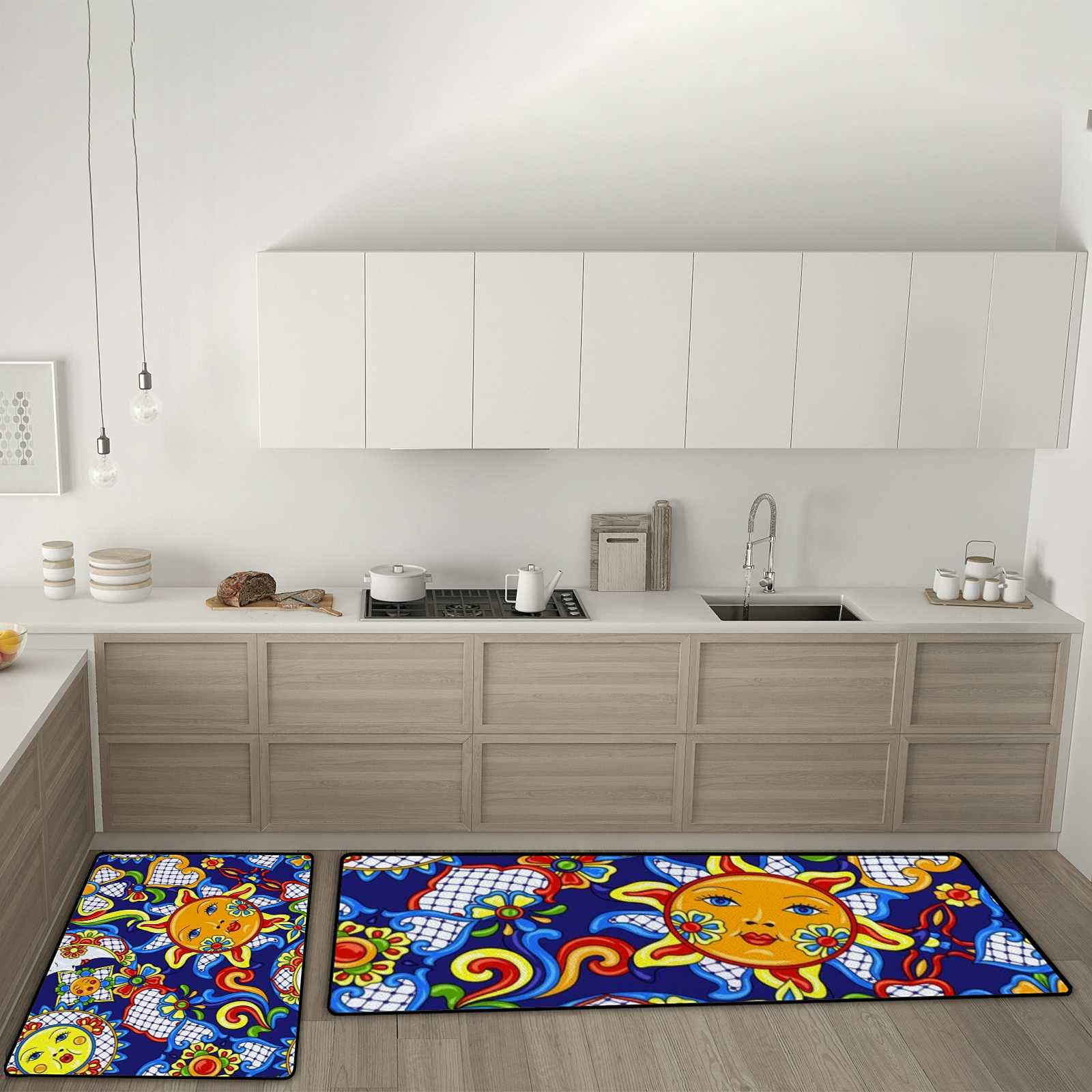 Kuizee Kitchen Mat Set of 2 Pieces Anti Fatigue Rugs Mexican Talavera Sun Traditional Decorative Soft Water Absorbent Non-Slip Standing Mats Kitchen Decor Floor,17.7"x 29" +17.7"x58"