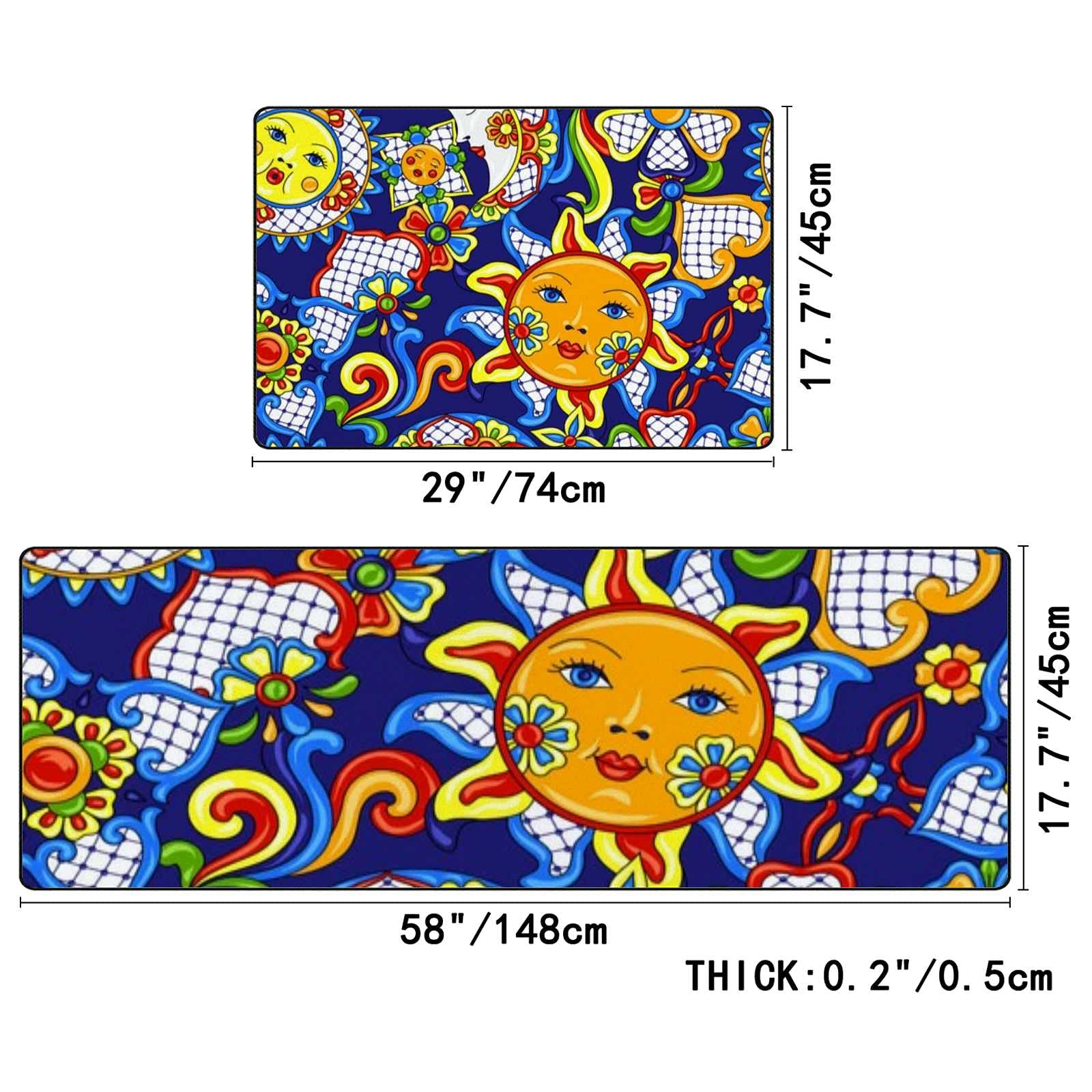 Kuizee Kitchen Mat Set of 2 Pieces Anti Fatigue Rugs Mexican Talavera Sun Traditional Decorative Soft Water Absorbent Non-Slip Standing Mats Kitchen Decor Floor,17.7"x 29" +17.7"x58"