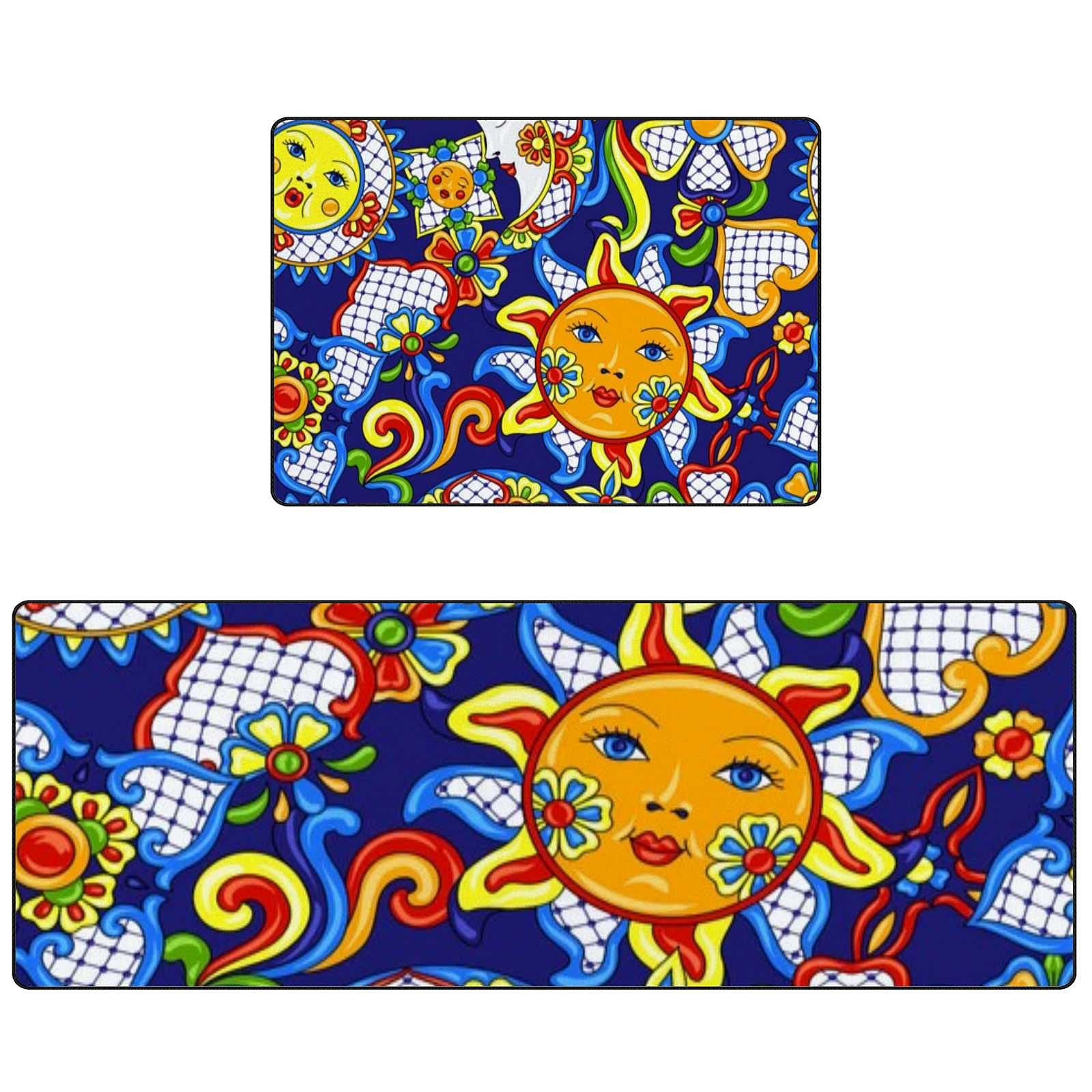 Kuizee Kitchen Mat Set of 2 Pieces Anti Fatigue Rugs Mexican Talavera Sun Traditional Decorative Soft Water Absorbent Non-Slip Standing Mats Kitchen Decor Floor,17.7"x 29" +17.7"x58"