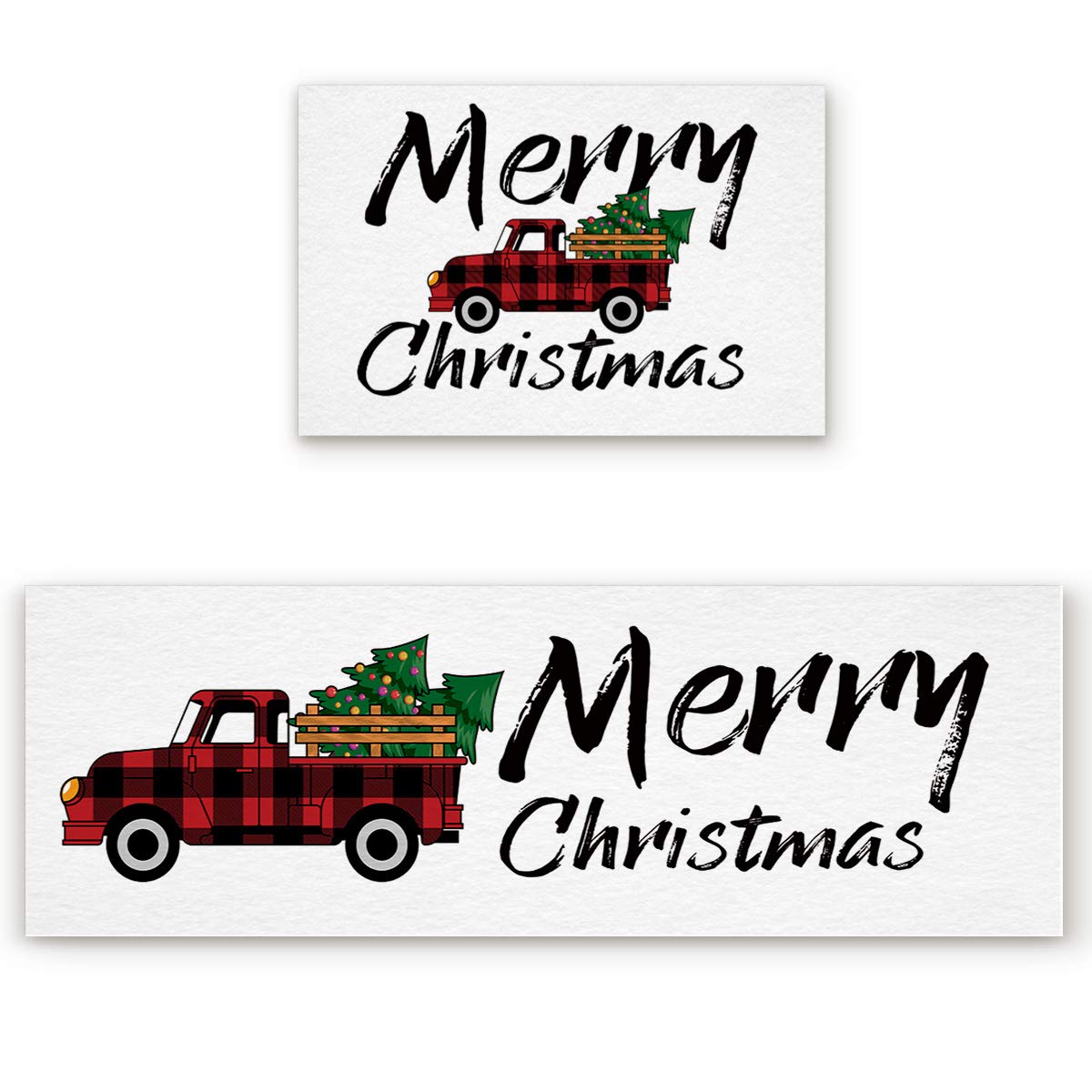 LooPoP Merry Christmas Tree Kitchen Mats for Floor Cushioned Anti Fatigue 2 Piece Set Kitchen Runner Rugs Non Skid Washable Red and Black Check Lattice Truck 15.7x23.6+15.7x47.2inch