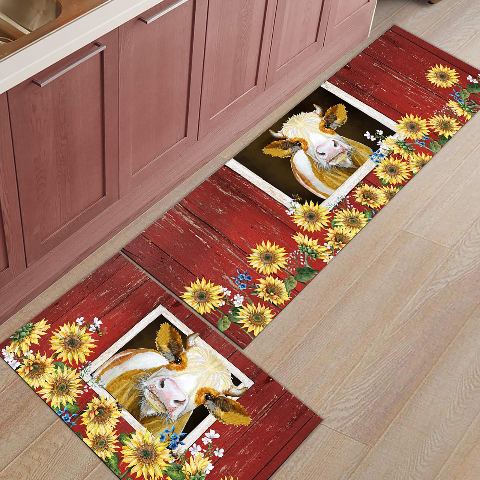 Z&L Home Kitchen Rug Set of 2 Piece, Farm Animal Cow in Red Wooden Barn Rugs and Mats for Kitchen Floor, Non Slip Rubber Backing Standing Door Mat Sunflowers 19.7x31.5in+19.7x47.2in