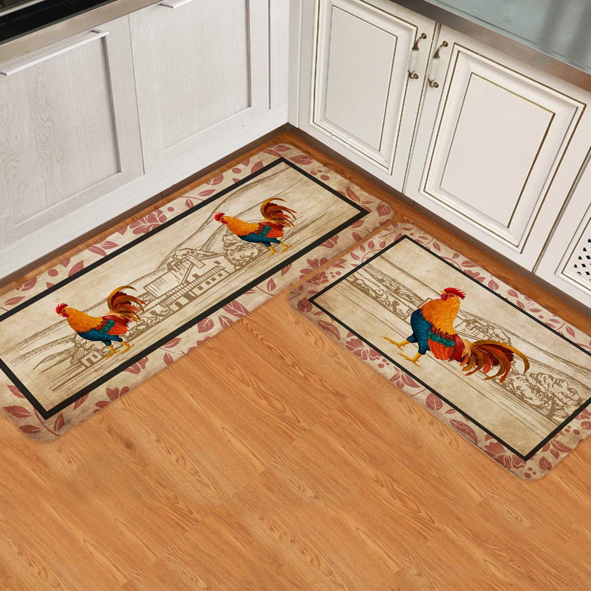 Retro Farm Rooster Kitchen Rugs and Mats Non Skid Washable Cushioned Kitchen Mat Anti Fatigue Mat Kitchen Set of 2 Waterproof Rustic Animal Vintage Pattern