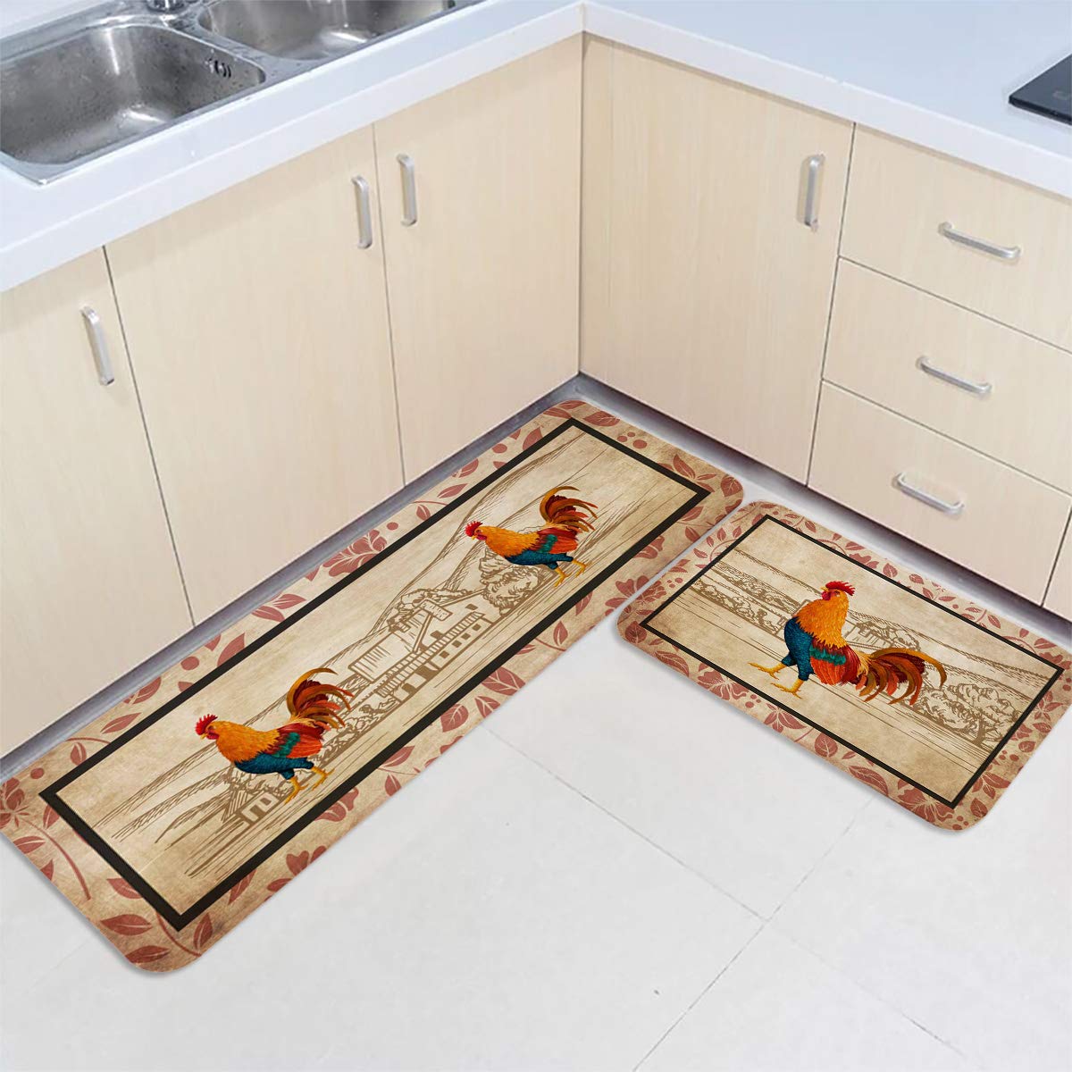 Retro Farm Rooster Kitchen Rugs and Mats Non Skid Washable Cushioned Kitchen Mat Anti Fatigue Mat Kitchen Set of 2 Waterproof Rustic Animal Vintage Pattern