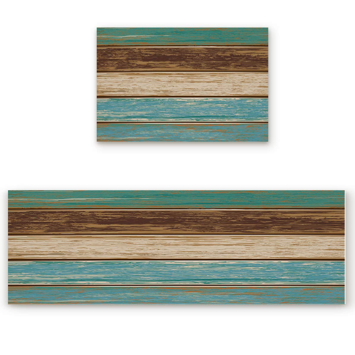 Infinidesign 2 Piece Rustic Wood Kitchen Mats Set 19.7x31.5inch+19.7x47.2inch, Anti-Fatigue Non-Slip Chef Mat Kitchen Rug Cushioned Floor Rugs, Retro Green Brown Wooden Plank