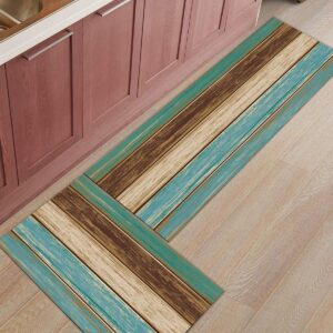 Infinidesign 2 Piece Rustic Wood Kitchen Mats Set 19.7x31.5inch+19.7x47.2inch, Anti-Fatigue Non-Slip Chef Mat Kitchen Rug Cushioned Floor Rugs, Retro Green Brown Wooden Plank