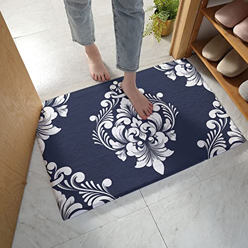 Door mat Door Mats Bath Rugs Classic Damask Flower on Navy Blue,Soft Fluffy Doormats Non Slip Carpet White Floral Shadow,gy Fuzzy Area Throw Rug for Kitchen/Bathroom/Bedroom/Living Room 18x30in