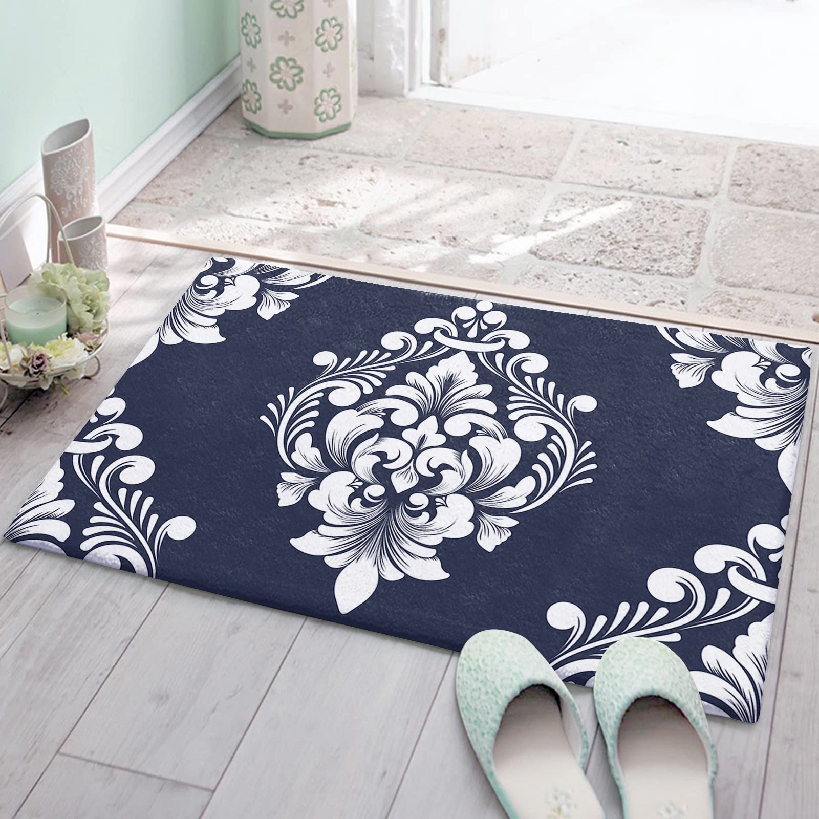 Door mat Door Mats Bath Rugs Classic Damask Flower on Navy Blue,Soft Fluffy Doormats Non Slip Carpet White Floral Shadow,gy Fuzzy Area Throw Rug for Kitchen/Bathroom/Bedroom/Living Room 18x30in