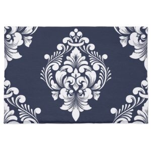 Door mat Door Mats Bath Rugs Classic Damask Flower on Navy Blue,Soft Fluffy Doormats Non Slip Carpet White Floral Shadow,gy Fuzzy Area Throw Rug for Kitchen/Bathroom/Bedroom/Living Room 18x30in