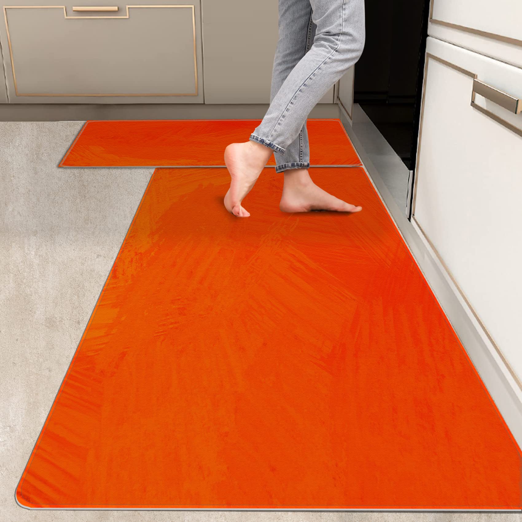 RYANZA 2 Pieces Kitchen Rugs, Abstract Anti Fatigue Non Slip Foam Cushioned Orange Tangerine Graffiti Art Comfort Indoor Floor Mat Runner Rug Set for Laundry Office Sink Bathroom (17"x48"+17"x24")