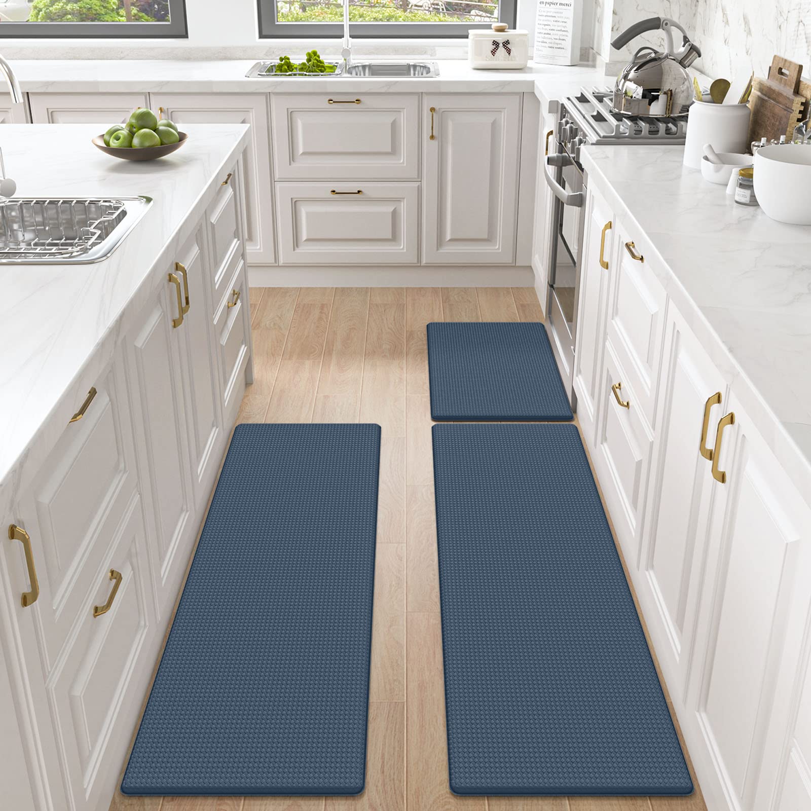 DEXI Kitchen Rugs and Mats Cushioned Anti Fatigue Comfort Runner Mats for Floor Rugs Waterproof Standing Rugs Set of 3, 17"x29"+17"x59"+17"x59" Navy Blue