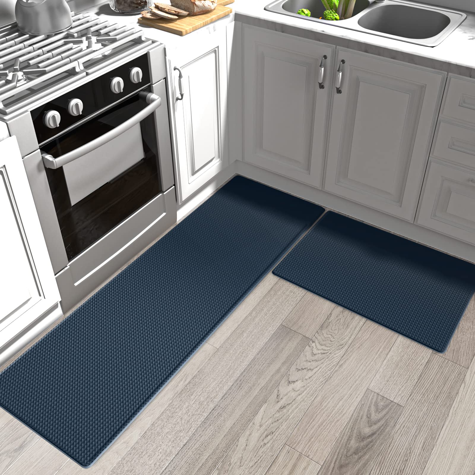 DEXI Kitchen Rugs and Mats Cushioned Anti Fatigue Comfort Runner Mats for Floor Rugs Waterproof Standing Rugs Set of 3, 17"x29"+17"x59"+17"x59" Navy Blue