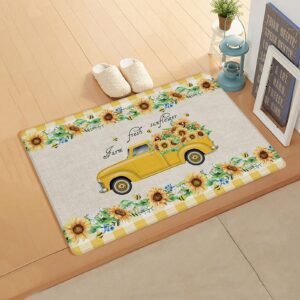 farmhouse truck spring flower bee summer buffalo orange plaid antifatigue kitchen bath door mat cushioned runner rug,washable welcome floor sink mat,waterproof comfort standing doormat,18"x30"