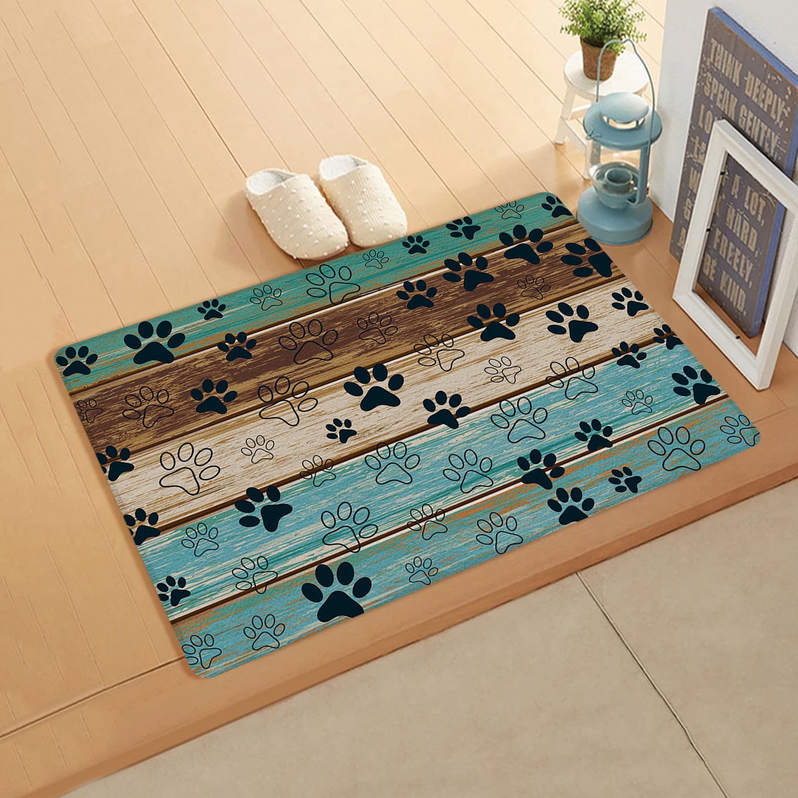 Teal Turquoise Antifatigue Kitchen Bath Door Mat Cushioned Runner Rug,Washable Welcome Floor Sink Mat,Paws Blue Farmhouse Wood Grain Waterproof & Non-Slip Comfort Standing Doormat for Kitchen,18"x30"