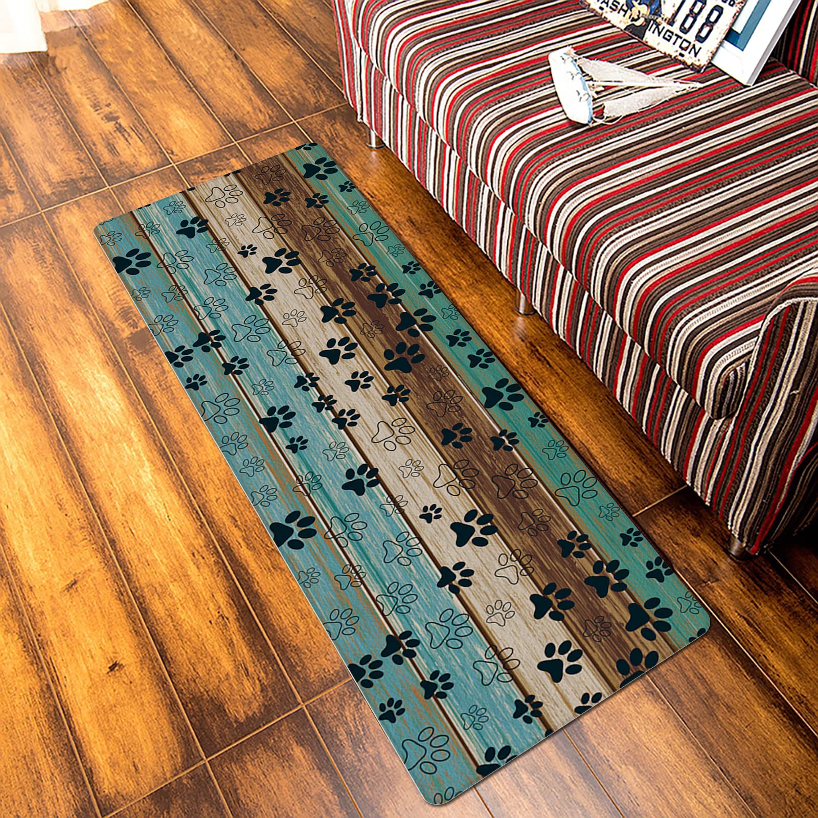 Teal Turquoise Antifatigue Kitchen Bath Door Mat Cushioned Runner Rug,Washable Welcome Floor Sink Mat,Paws Blue Farmhouse Wood Grain Waterproof & Non-Slip Comfort Standing Doormat for Kitchen,18"x30"