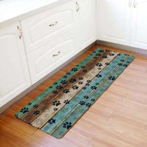 Teal Turquoise Antifatigue Kitchen Bath Door Mat Cushioned Runner Rug,Washable Welcome Floor Sink Mat,Paws Blue Farmhouse Wood Grain Waterproof & Non-Slip Comfort Standing Doormat for Kitchen,18"x30"