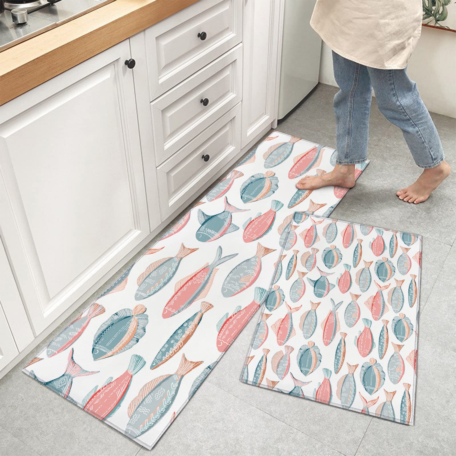 Womenfocus Kitchen Mats for Floor, Japanese White Hand Drawn Fish Kitchen Rugs, Kitchen Organization Non-Slip Kitchen Mat, Anti-Fatigue Mat Kitchen Floor Mats, Kitchen Decor Runner Rug