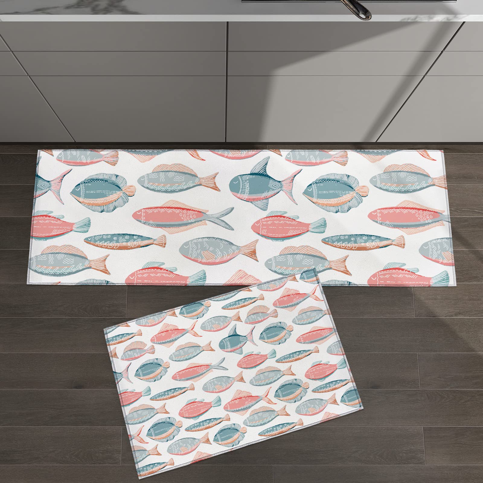 Womenfocus Kitchen Mats for Floor, Japanese White Hand Drawn Fish Kitchen Rugs, Kitchen Organization Non-Slip Kitchen Mat, Anti-Fatigue Mat Kitchen Floor Mats, Kitchen Decor Runner Rug