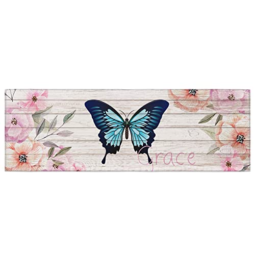 Kitchen Rugs Area Runner for Hallways Autumn Farmhouse Flower and Butterfly Non-Slip Accent Carpet Indoor Floor Long Doormat Rustic Wood Plank Kitchen Mats Laundry Room Rug Entryway Runners