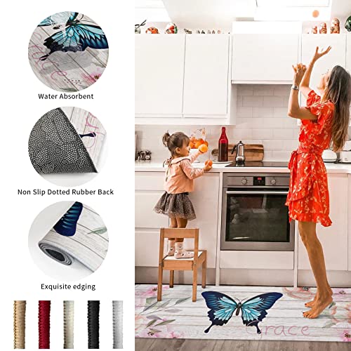 Kitchen Rugs Area Runner for Hallways Autumn Farmhouse Flower and Butterfly Non-Slip Accent Carpet Indoor Floor Long Doormat Rustic Wood Plank Kitchen Mats Laundry Room Rug Entryway Runners