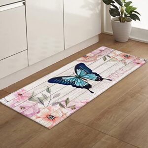 Kitchen Rugs Area Runner for Hallways Autumn Farmhouse Flower and Butterfly Non-Slip Accent Carpet Indoor Floor Long Doormat Rustic Wood Plank Kitchen Mats Laundry Room Rug Entryway Runners