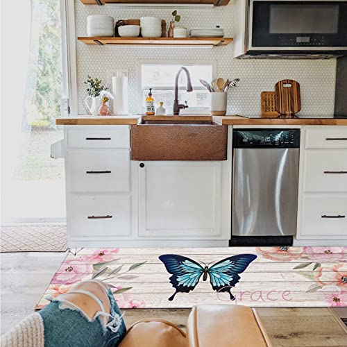 Kitchen Rugs Area Runner for Hallways Autumn Farmhouse Flower and Butterfly Non-Slip Accent Carpet Indoor Floor Long Doormat Rustic Wood Plank Kitchen Mats Laundry Room Rug Entryway Runners