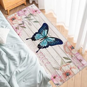 Kitchen Rugs Area Runner for Hallways Autumn Farmhouse Flower and Butterfly Non-Slip Accent Carpet Indoor Floor Long Doormat Rustic Wood Plank Kitchen Mats Laundry Room Rug Entryway Runners