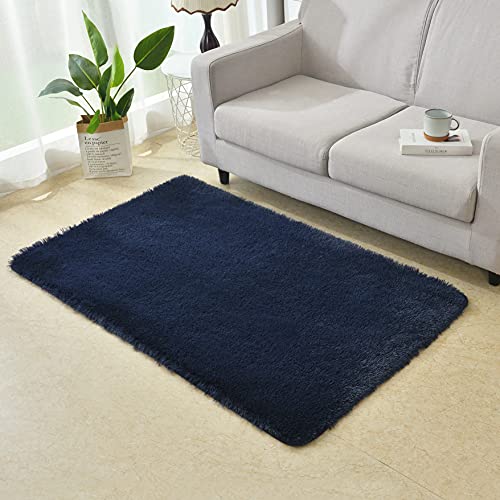 ECM. Beautiful Living Room Rug Set - Solid Aesthetic Soft Fluffy Rug Carpet for Home, Dining Room, and Kitchen - Faux Fur Anti Slip Rug & Water Absorber Bathroom Carpet Set - Navy