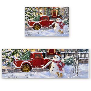 merry christmas kitchen rugs sets 2 piece floor mats xmas tree farm red truck snowman durable doormat non-slip rubber backing area rugs washable carpet inside door mat pad sets-16"x 24"+16"x47"