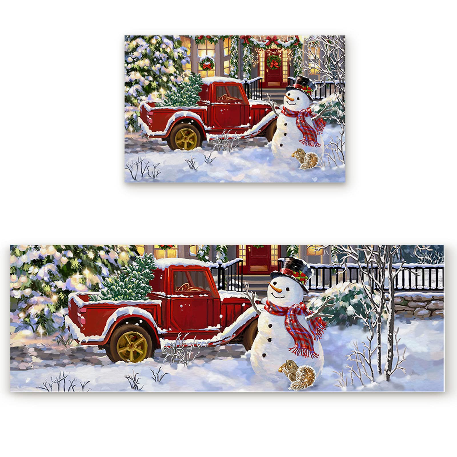 Merry Christmas Kitchen Rugs Sets 2 Piece Floor Mats Xmas Tree Farm Red Truck Snowman Durable Doormat Non-Slip Rubber Backing Area Rugs Washable Carpet Inside Door Mat Pad Sets-16"x 24"+16"x47"